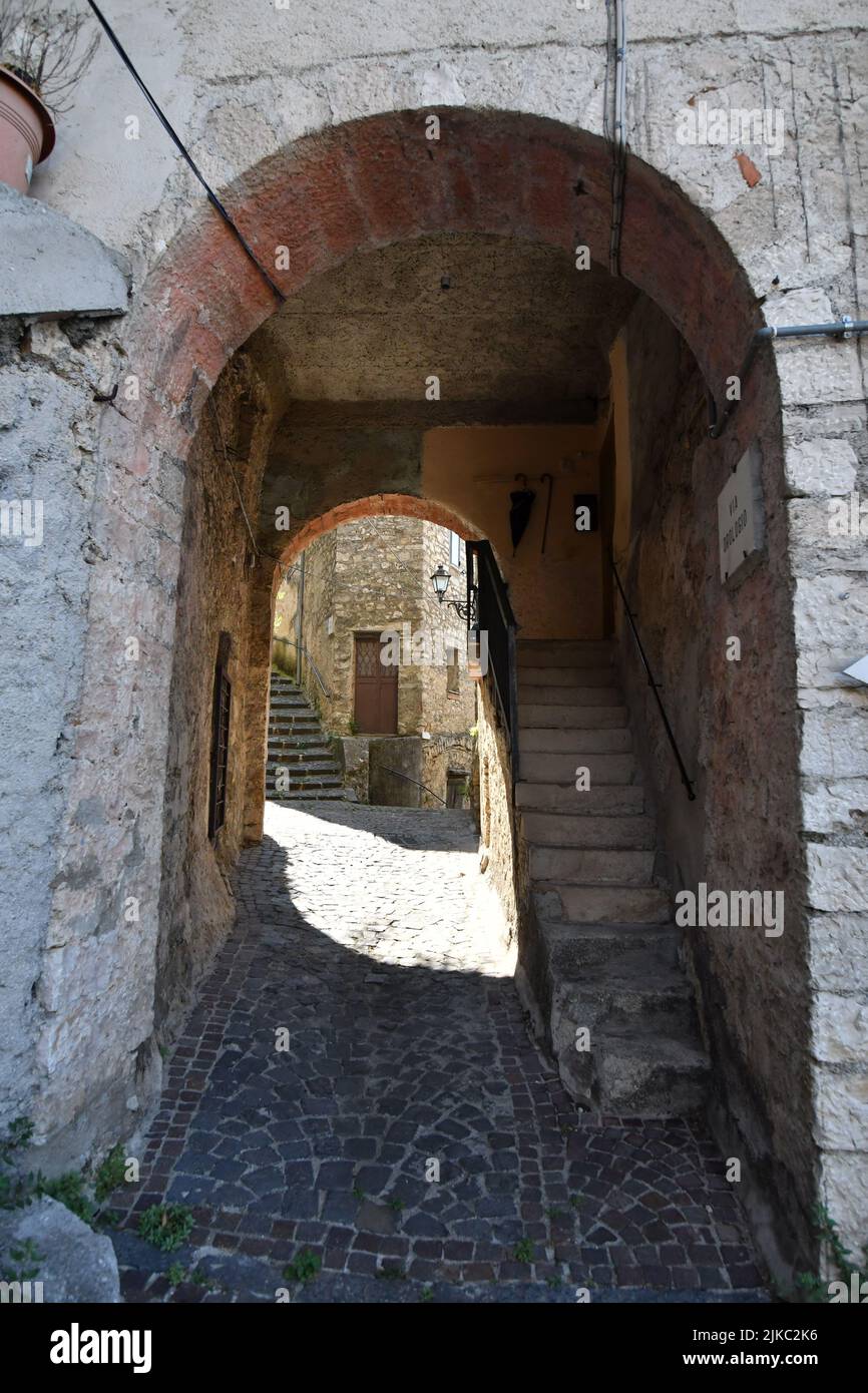 A narrow street in Pesche, a mountain village in the Molise region of ...