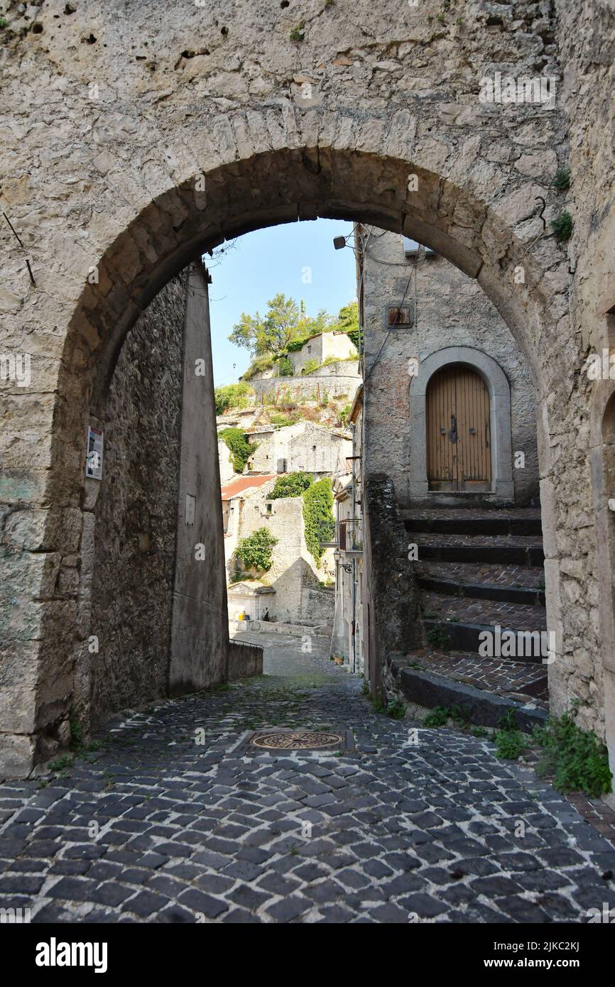 A narrow street in Pesche, a mountain village in the Molise region of ...