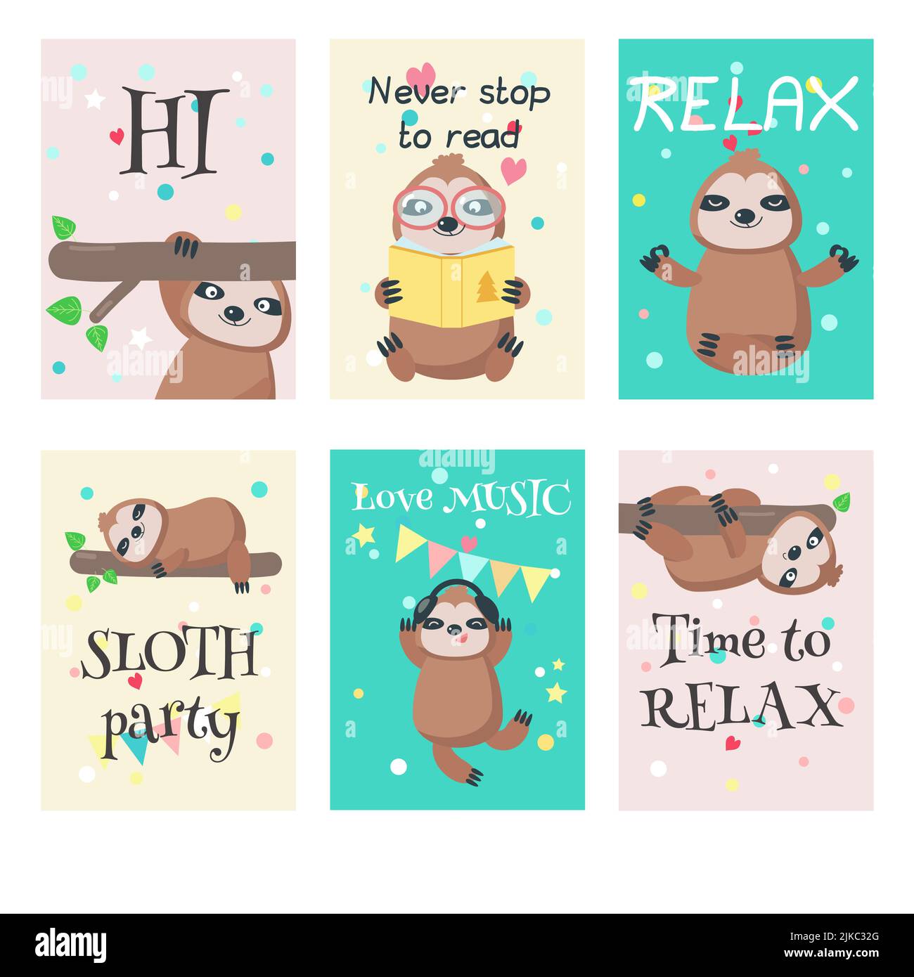 Vector set of cards with cute sloths and quotes. Lazy jungle animals ...