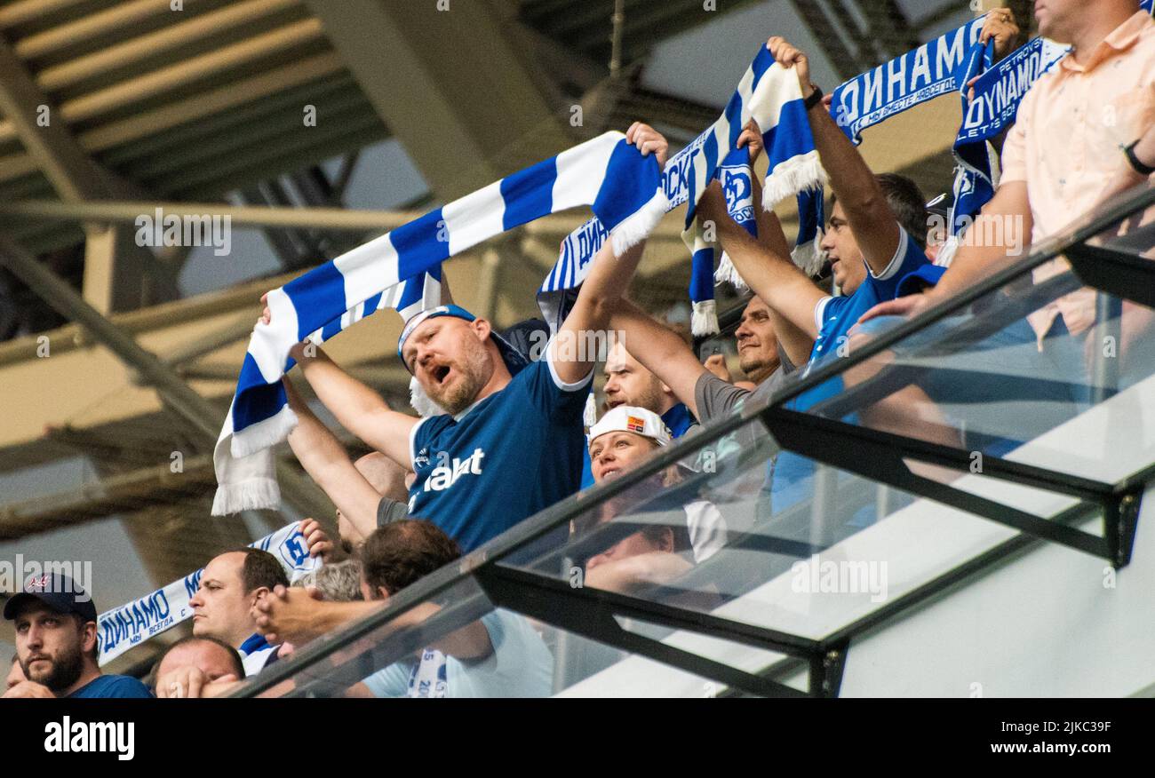 July 26, 2019, Moscow, Russia. Fans of the Dynamo Moscow football club ...