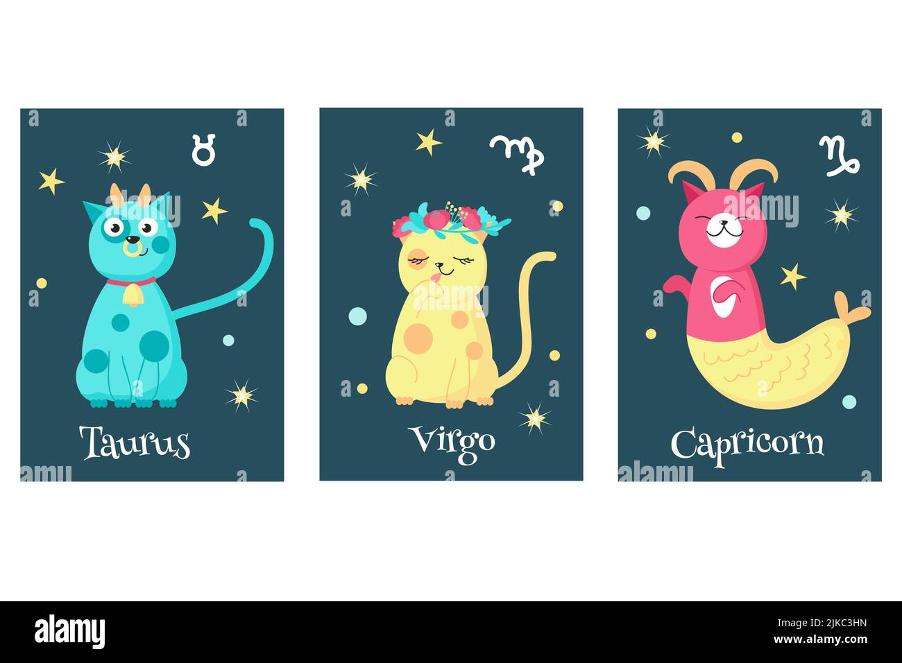 Vector set of cat astrology zodiac sign cards. Taurus, Virgo, Capricorn ...
