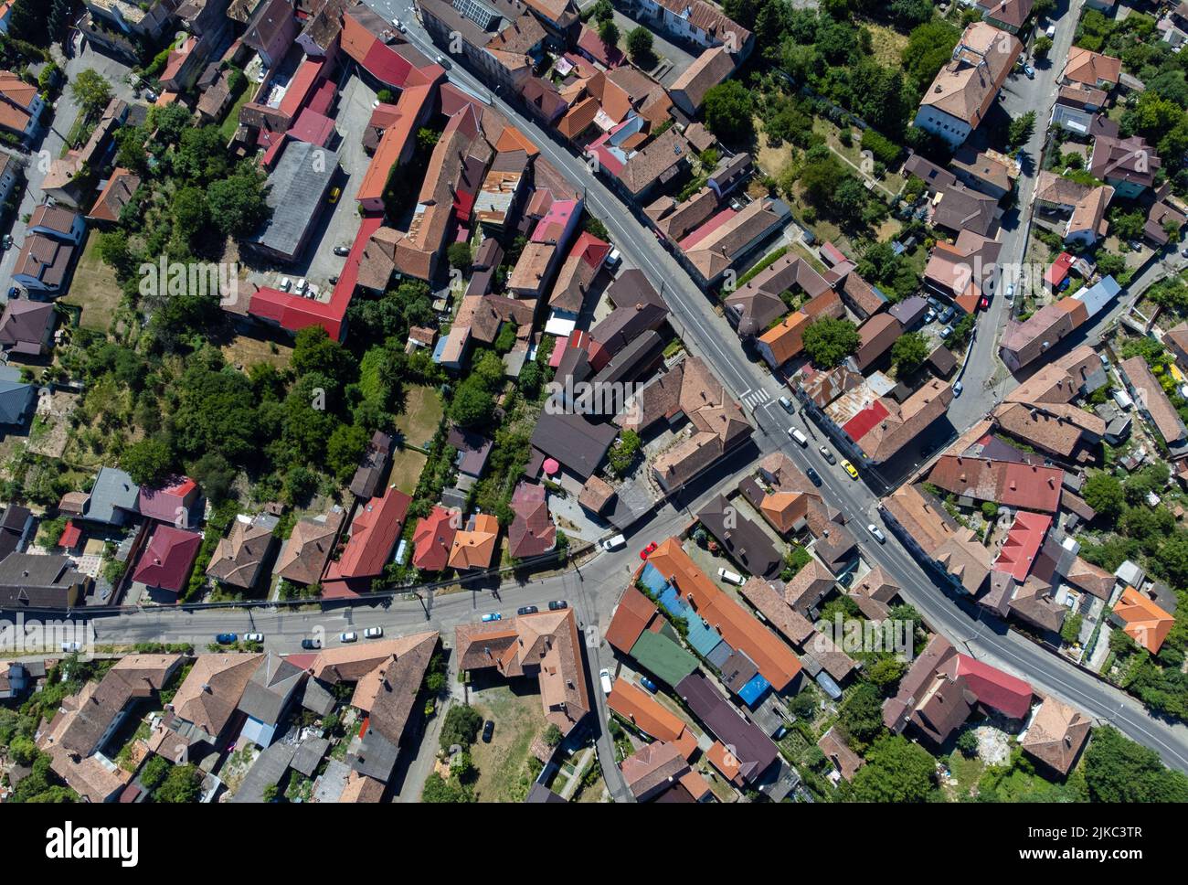 an aerial view of some streets and houses in a rural locality, romania ...