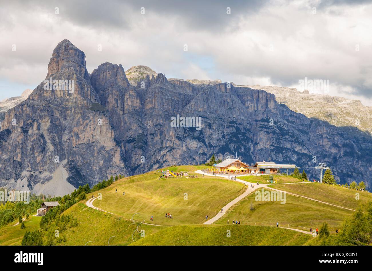 Panoramic view of the Dolomite mountains, Mount Sassongher and the Ütia ...