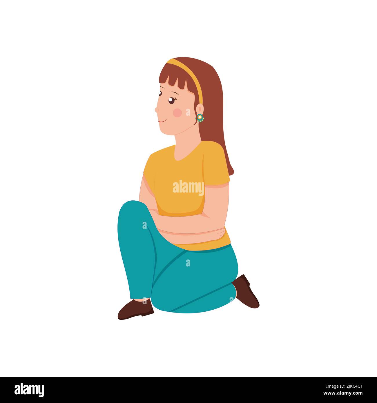 Vector Illustration Of Young Girl Sitting On One Knee Over White ...