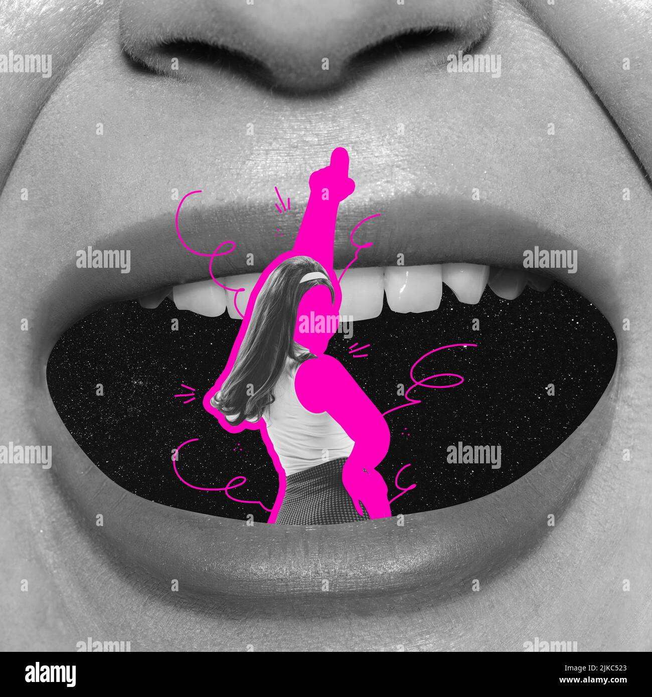 Surreal artwotk with no face young woman inside open mouth. Control of ...