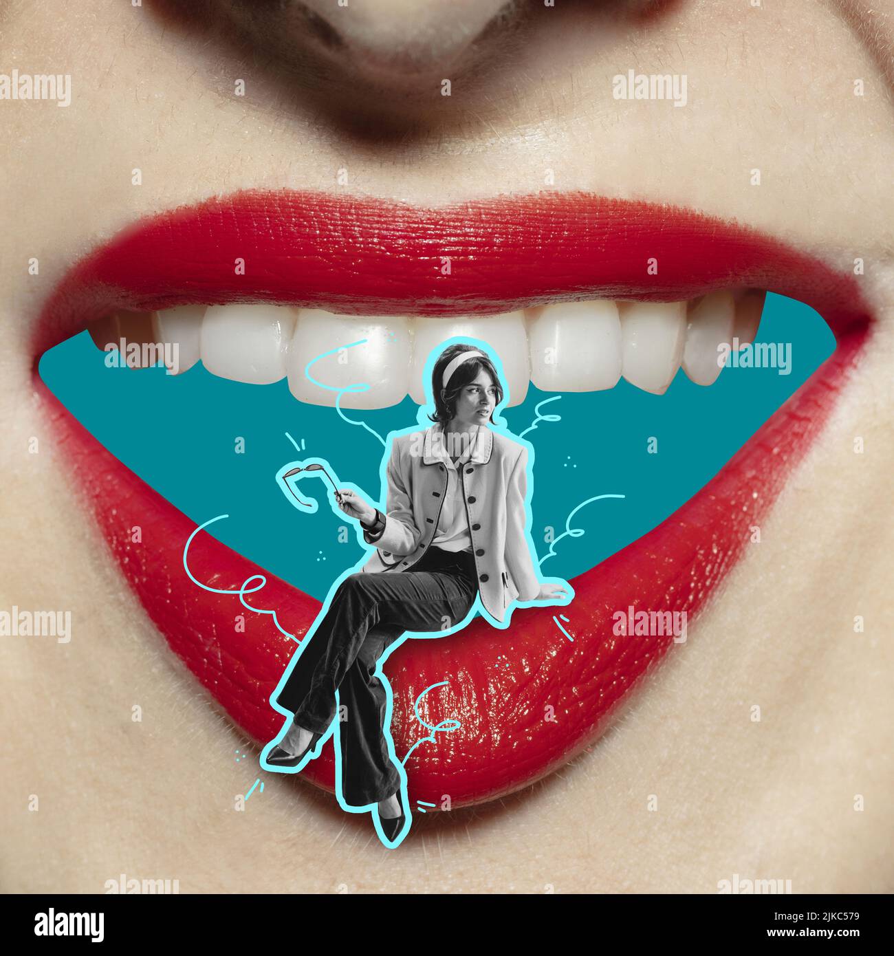 Surreal artwotk with emotional young woman inside open mouth. Control ...