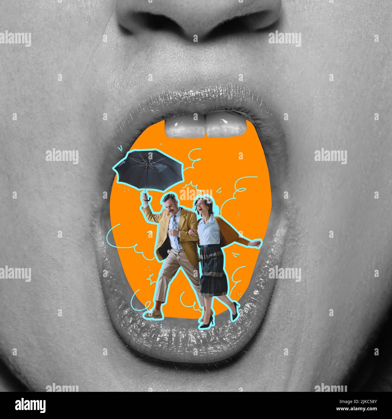 Contemporary art collage. Surreal composition with walking couple ...
