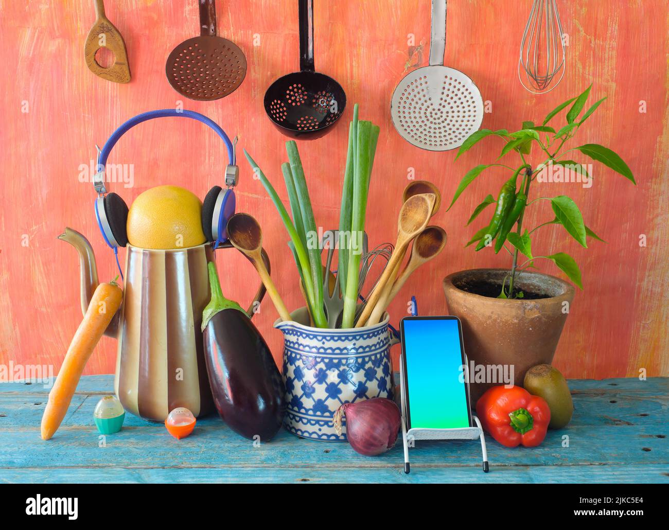 Digital Cookbook with various food ingredients,kitchen utensils ...