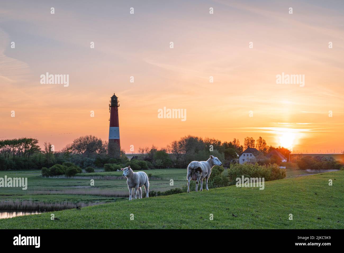 Panoramic image of Pellworm lighthouse against sunrise, North Frisia ...