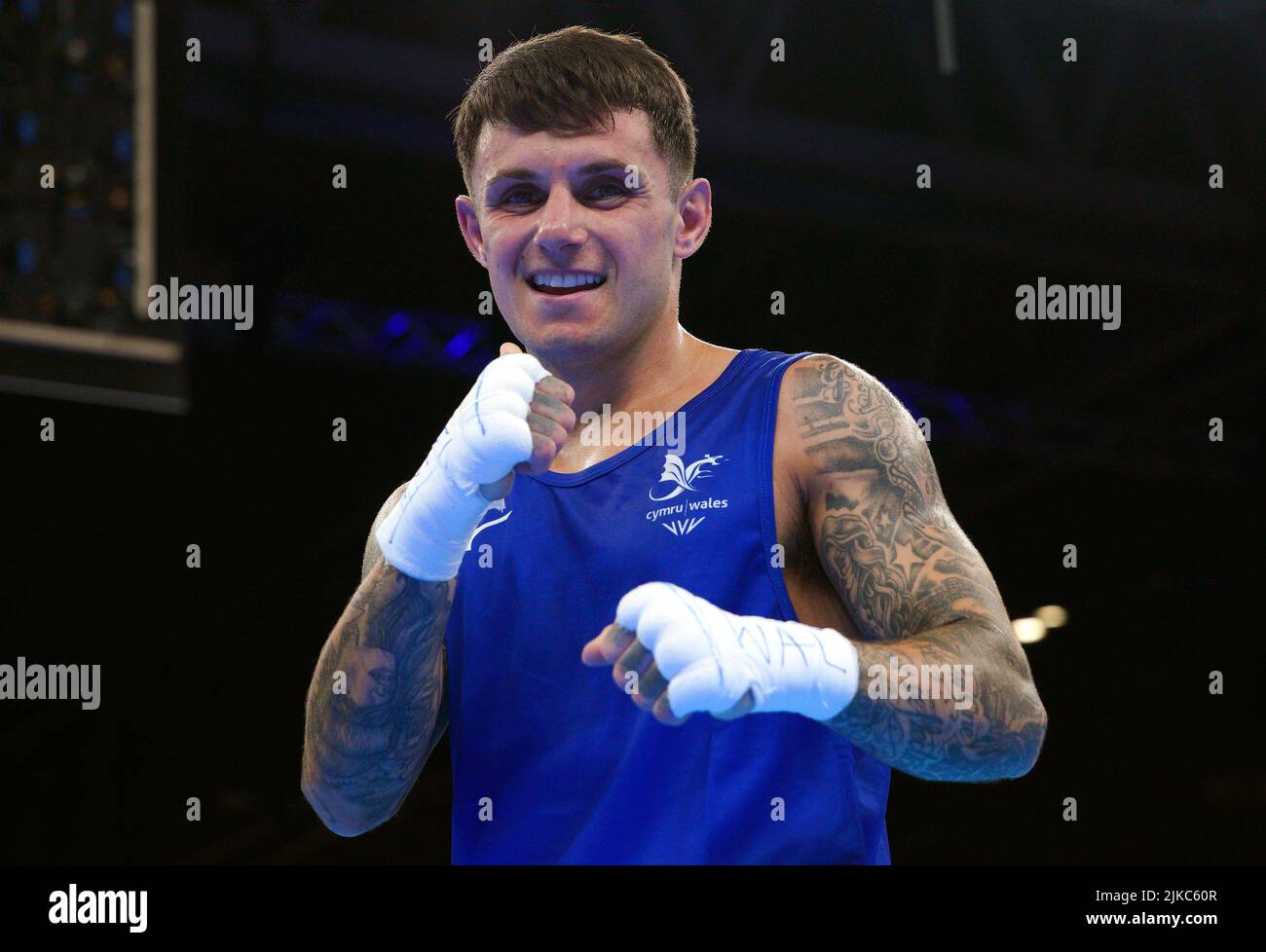 Jake Dodd (Blue) from Wales celebrates after the Men's Fly (48-51kg) at ...