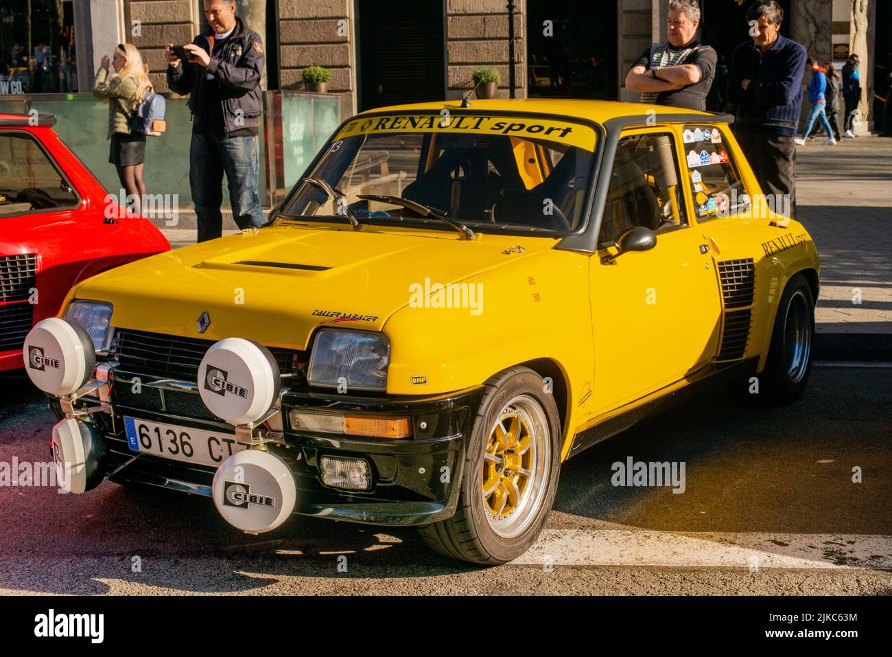 Renault 5 Rally yellow on Exhibition of classic cars on Paseo de Gracia ...