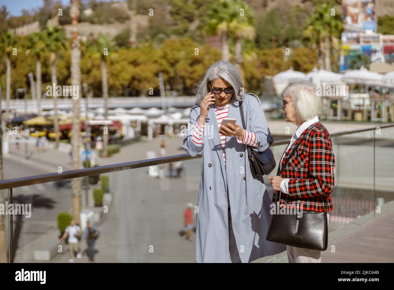 Female friends having conversation on promenade by sea Stock Photo - Alamy