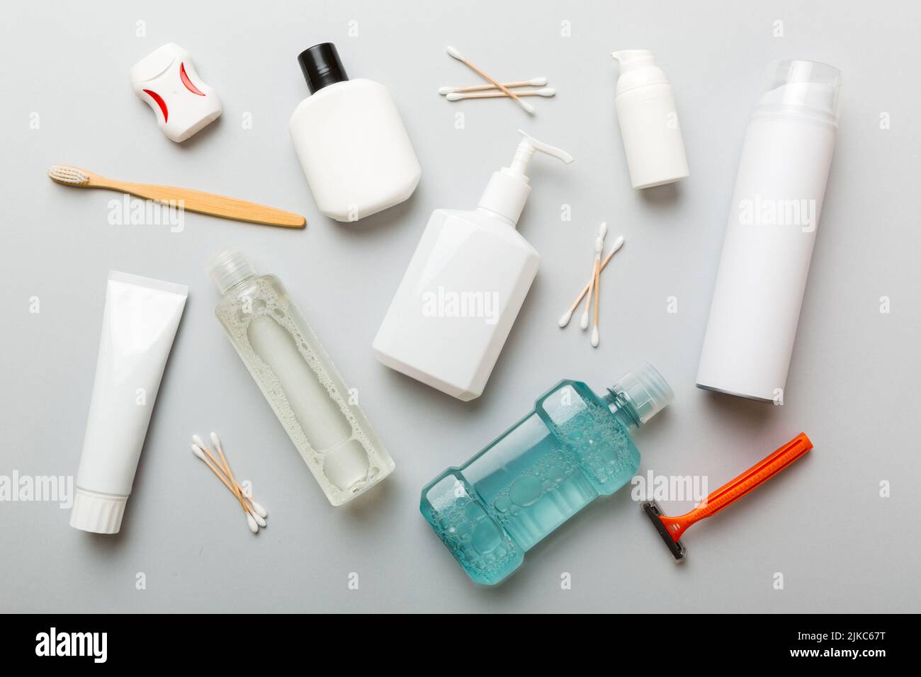Mockup for bathing products top view flat lay, spa razor, toothpaste ...