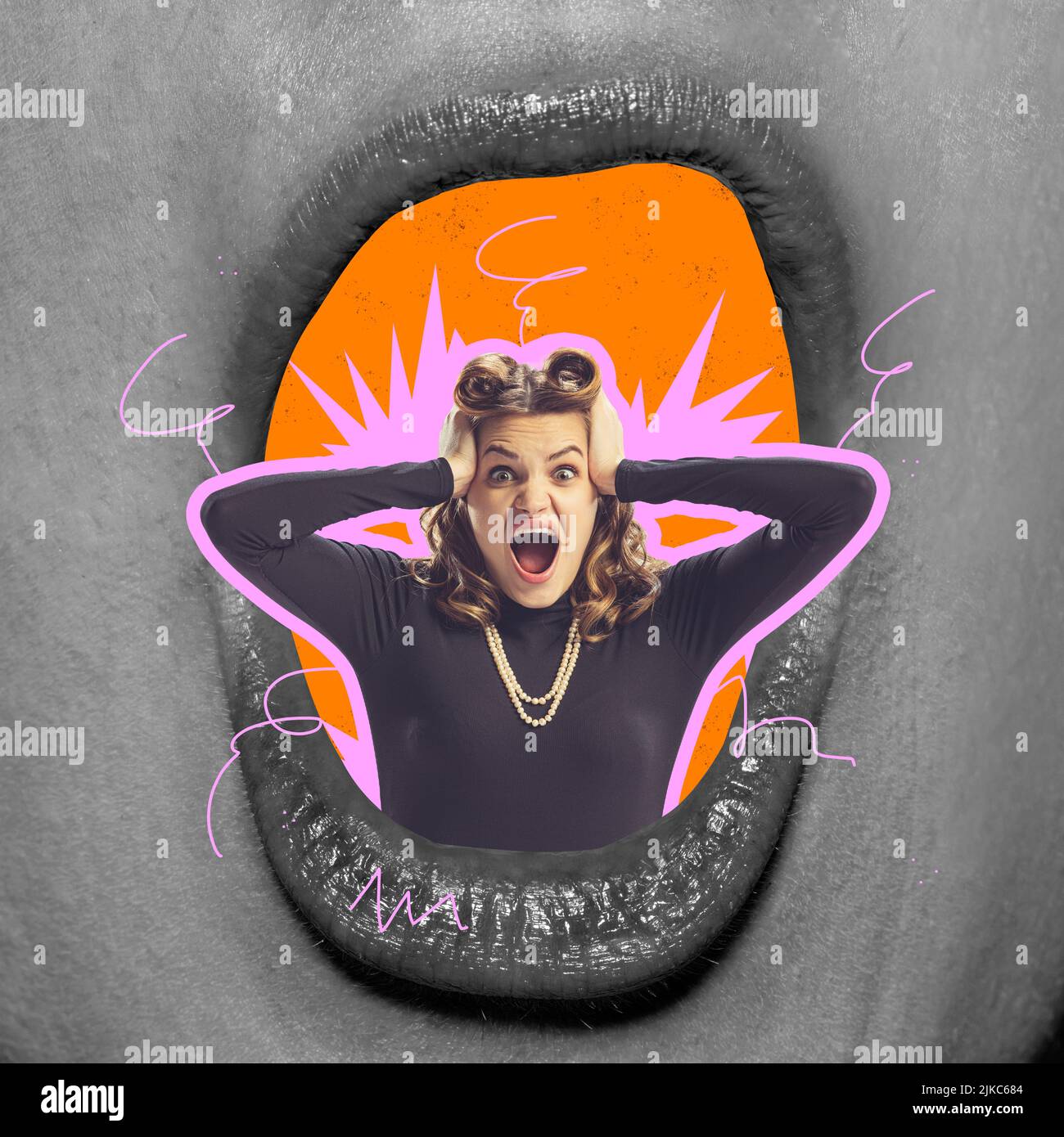 Surreal artwotk with emotional young woman inside open mouth. Control ...