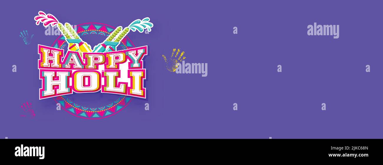 Sticker Style Happy Holi Font With Splashing Color Guns (Pichkari) And ...
