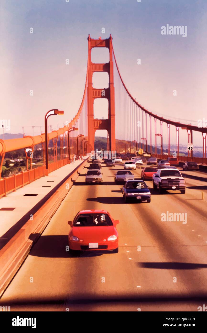 Cars driving over the Golden gate bridge in San Francisco, California ...