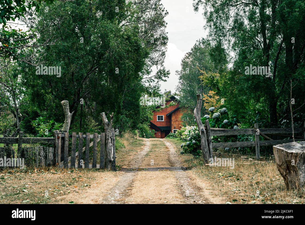 A rural park with wooden fence on unpaved road and trees Stock Photo ...