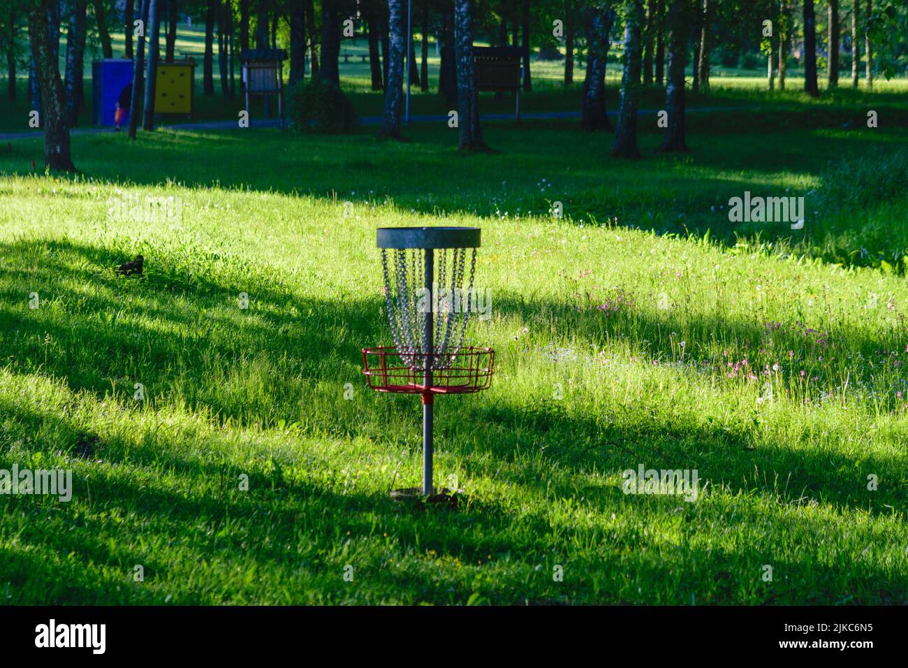 landscape from the park, summer morning, disc golf cart in a birch ...