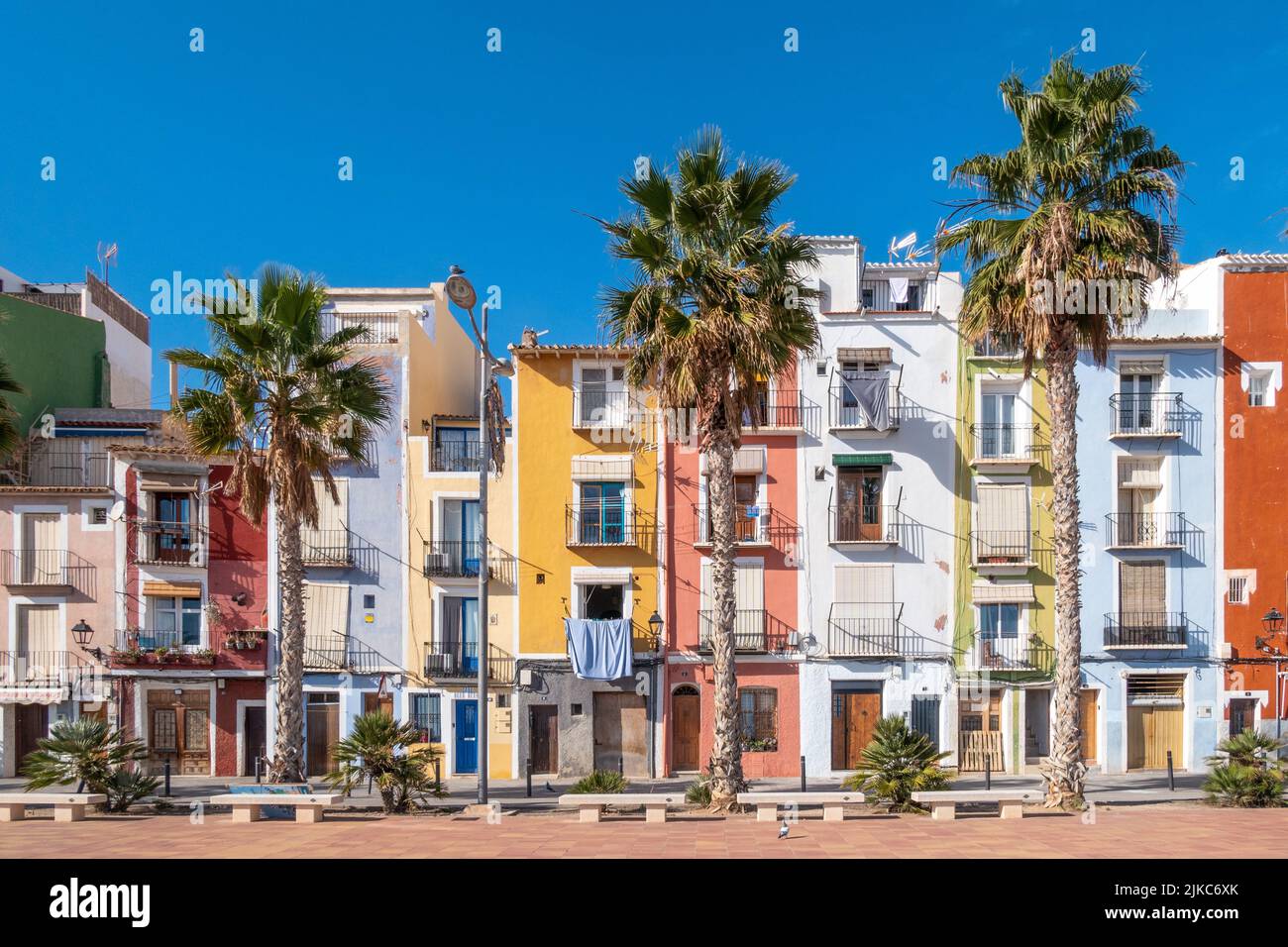 Colorful houses and palms in Villajoyosa, Spain Stock Photo - Alamy