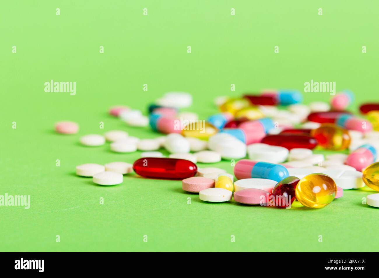 Many different colorful medication and pills perspective view. Set of ...