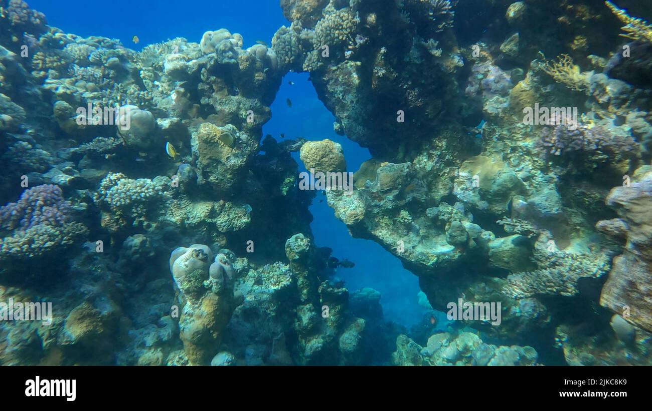 Sailing through a rift in a coral reef. Sun rays in beautiful ...