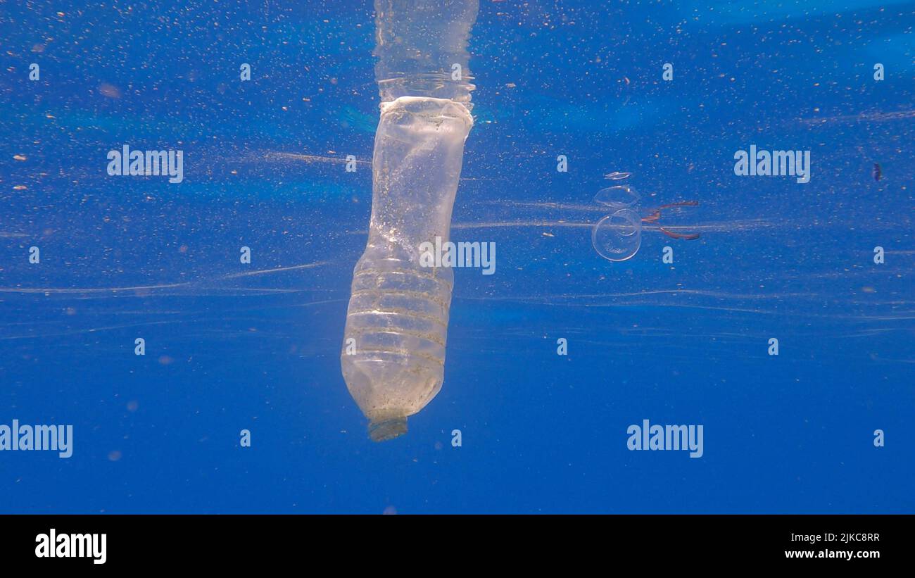 Plastic pollution, plastic bottle and cup in blue water. Discarded ...