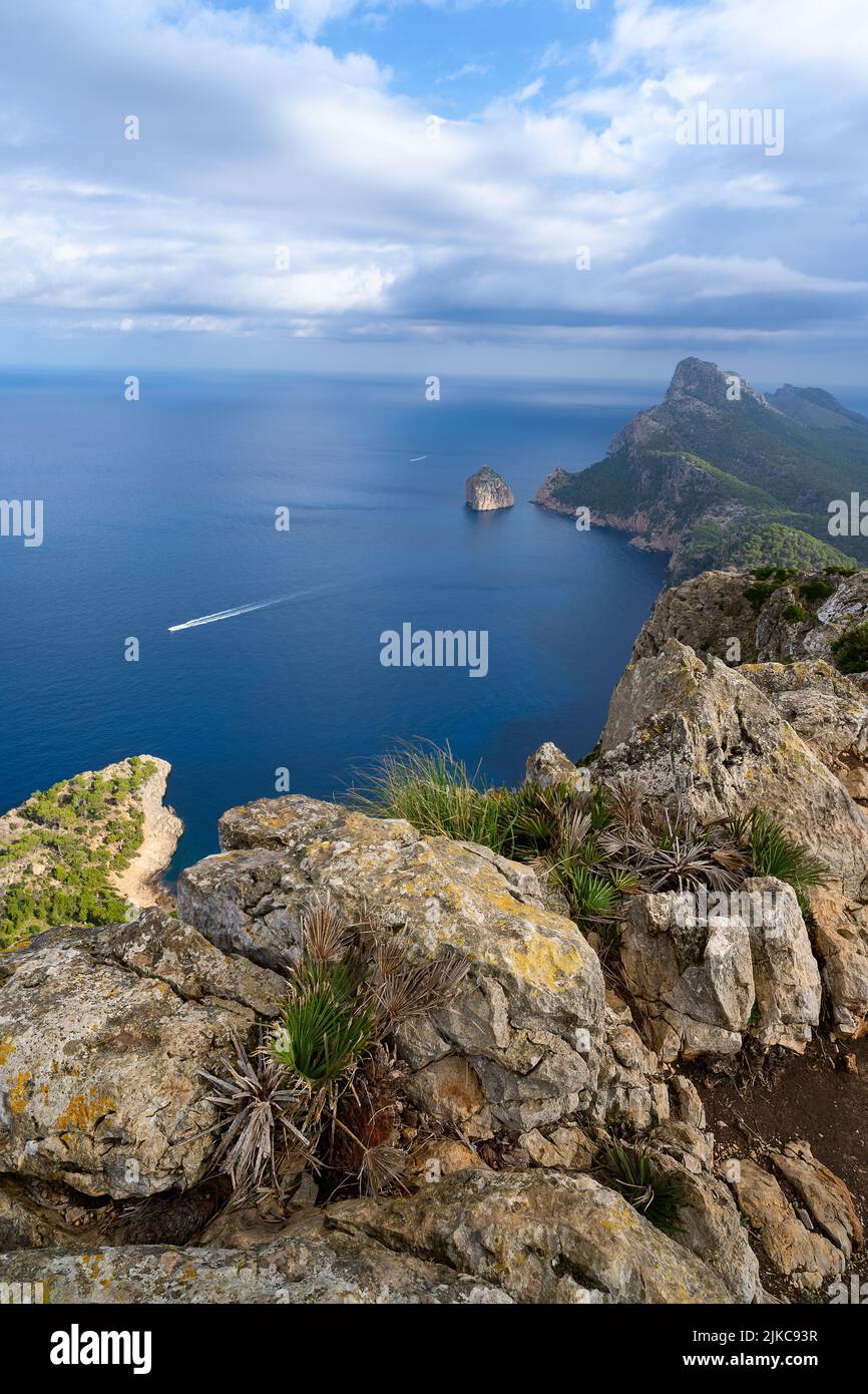 A vertical aerial view of the coast of Talaied Albercutx, Formentor ...