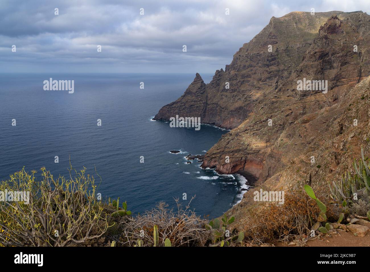 An aerial view of the rocky shore of Anaga Rural Park, Tenerife, Canary ...