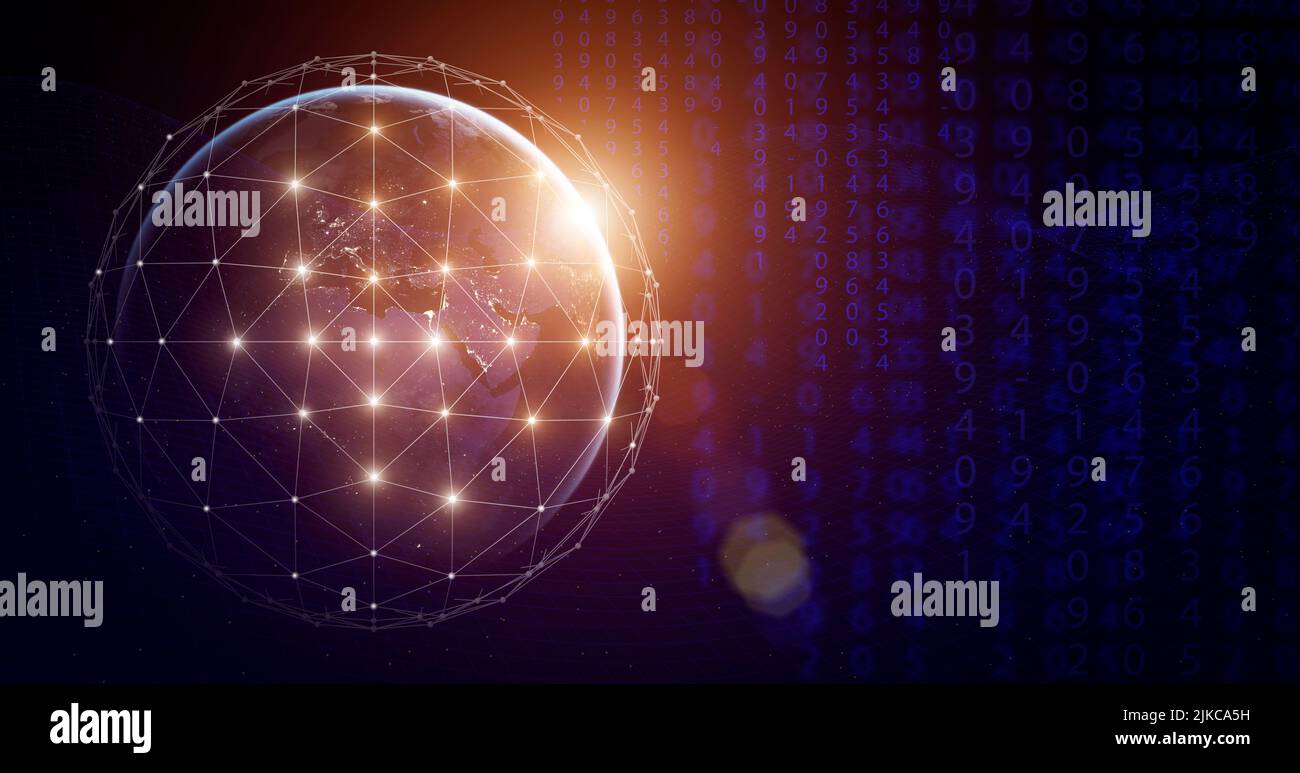 Global technologies data on the world map banner background. 3d ...