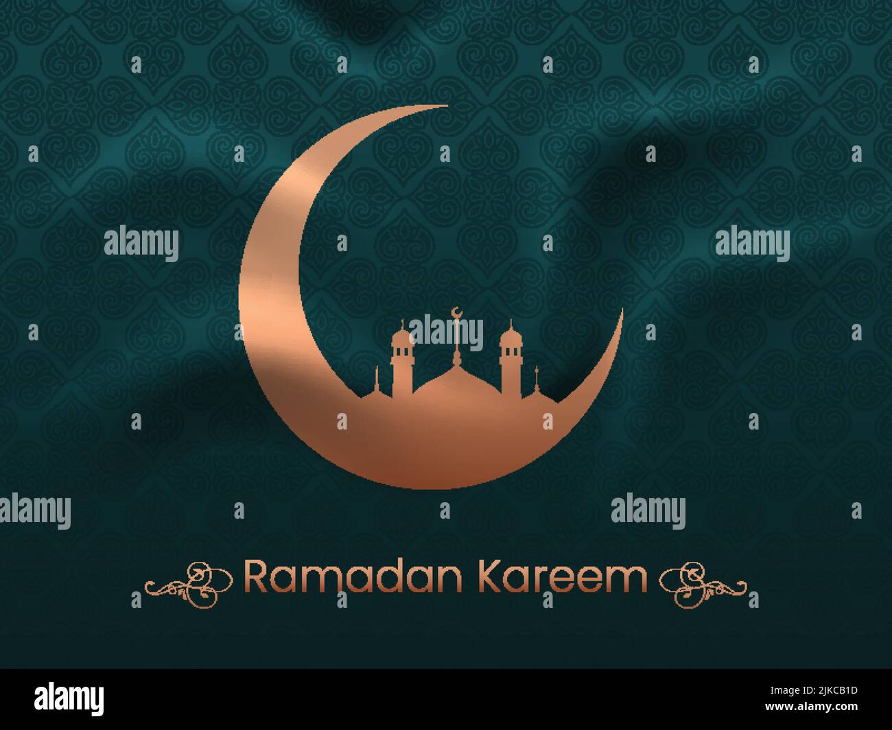Copper Crescent Moon With Silhouette Mosque Against Teal Crumpled ...