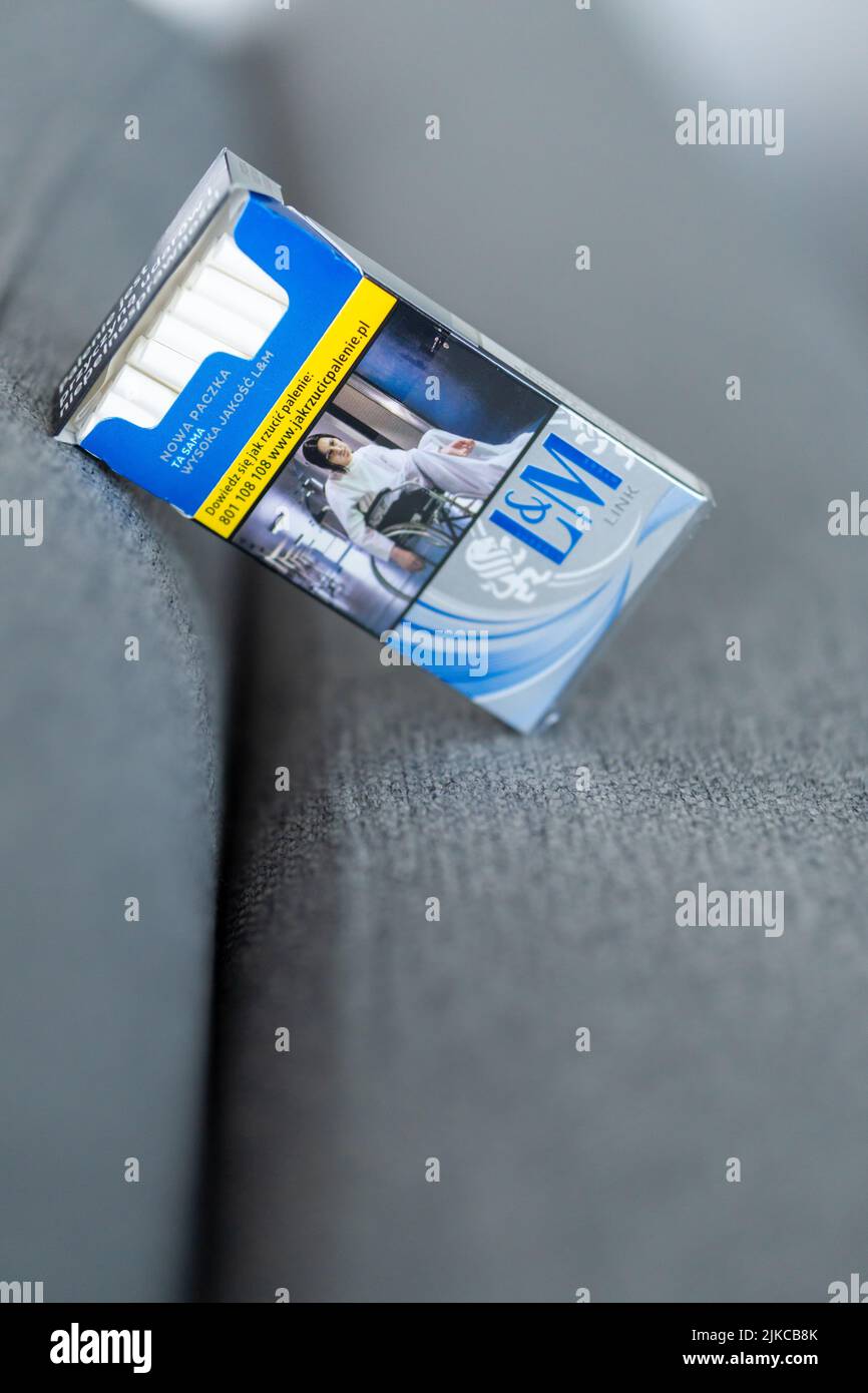 The box of the L&M Link brand cigarettes on a sofa Stock Photo - Alamy