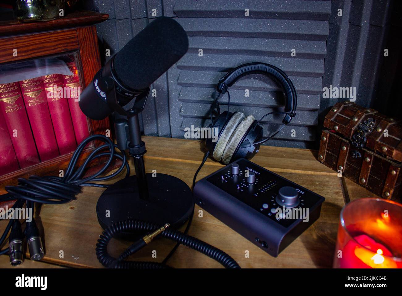 A Shure microphone, cable, Audient Interface, and a pair of ...