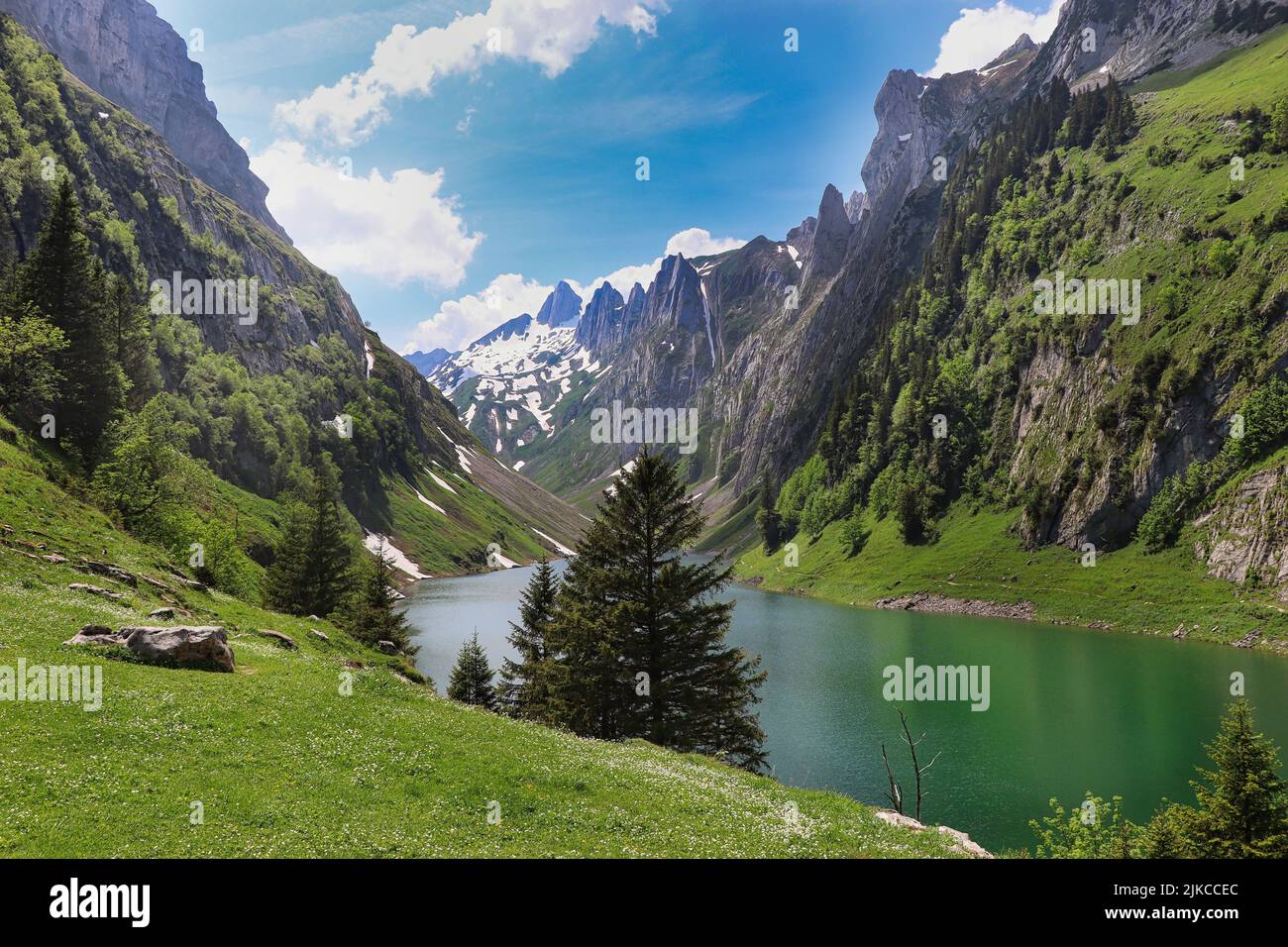 A scenic view of the Falensee lake in the Alpstein, Switzerland Stock ...