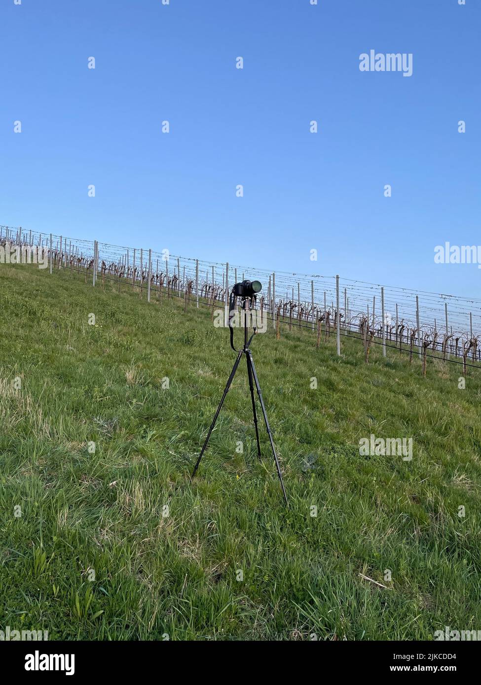 The camera on a tripod in the rural field for capturing the countryside ...