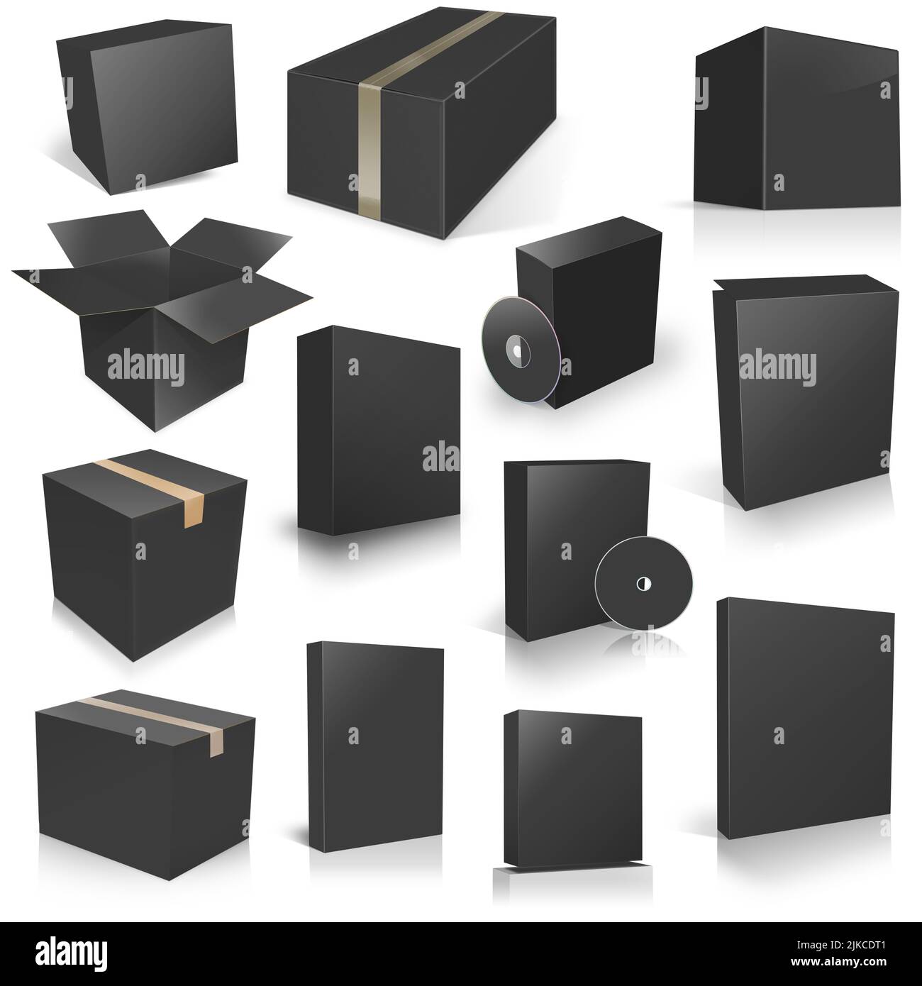 Thirteen black Shipping Box and Software Boxes for layouts and presentation design. 3D rendering ...