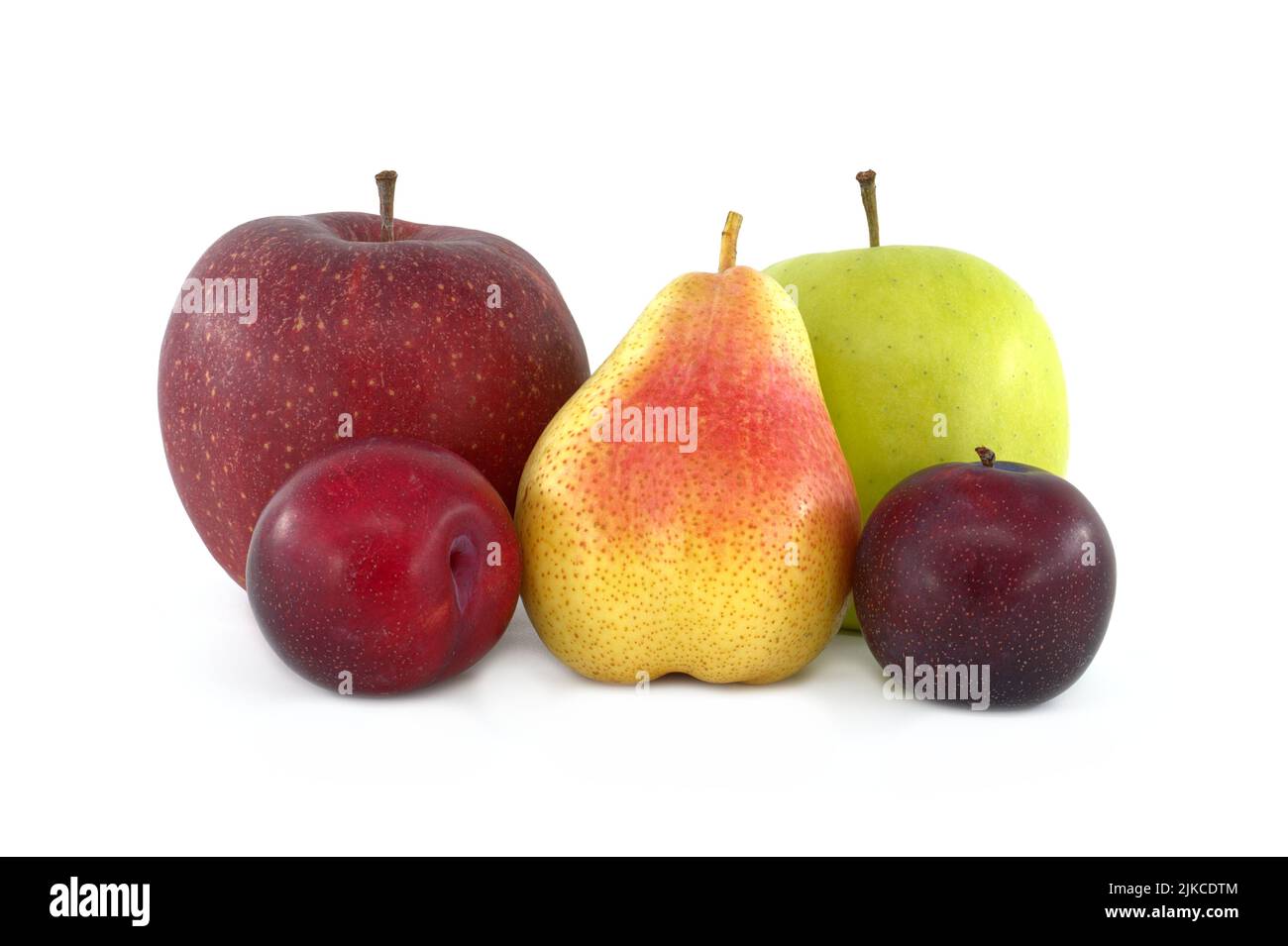 Pear, plums, green and red apples isolated on white background Stock ...