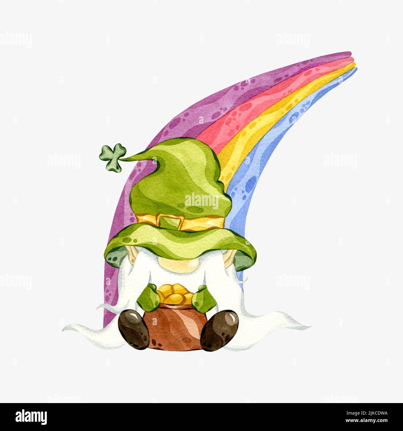 St Patrick's day leprechaun. Watercolor gnome with pot of gold. Hand ...