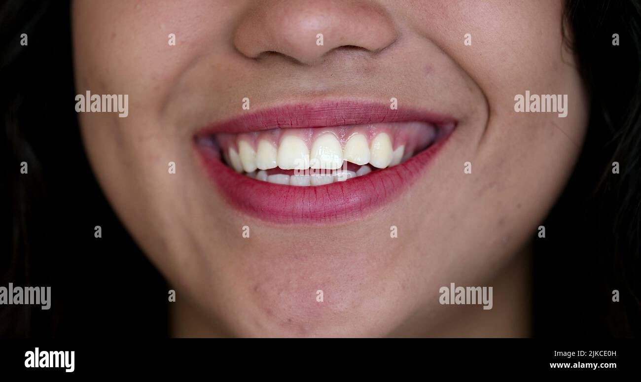 Latina smile. macro close-up hispanic woman lips smiling Stock Photo ...