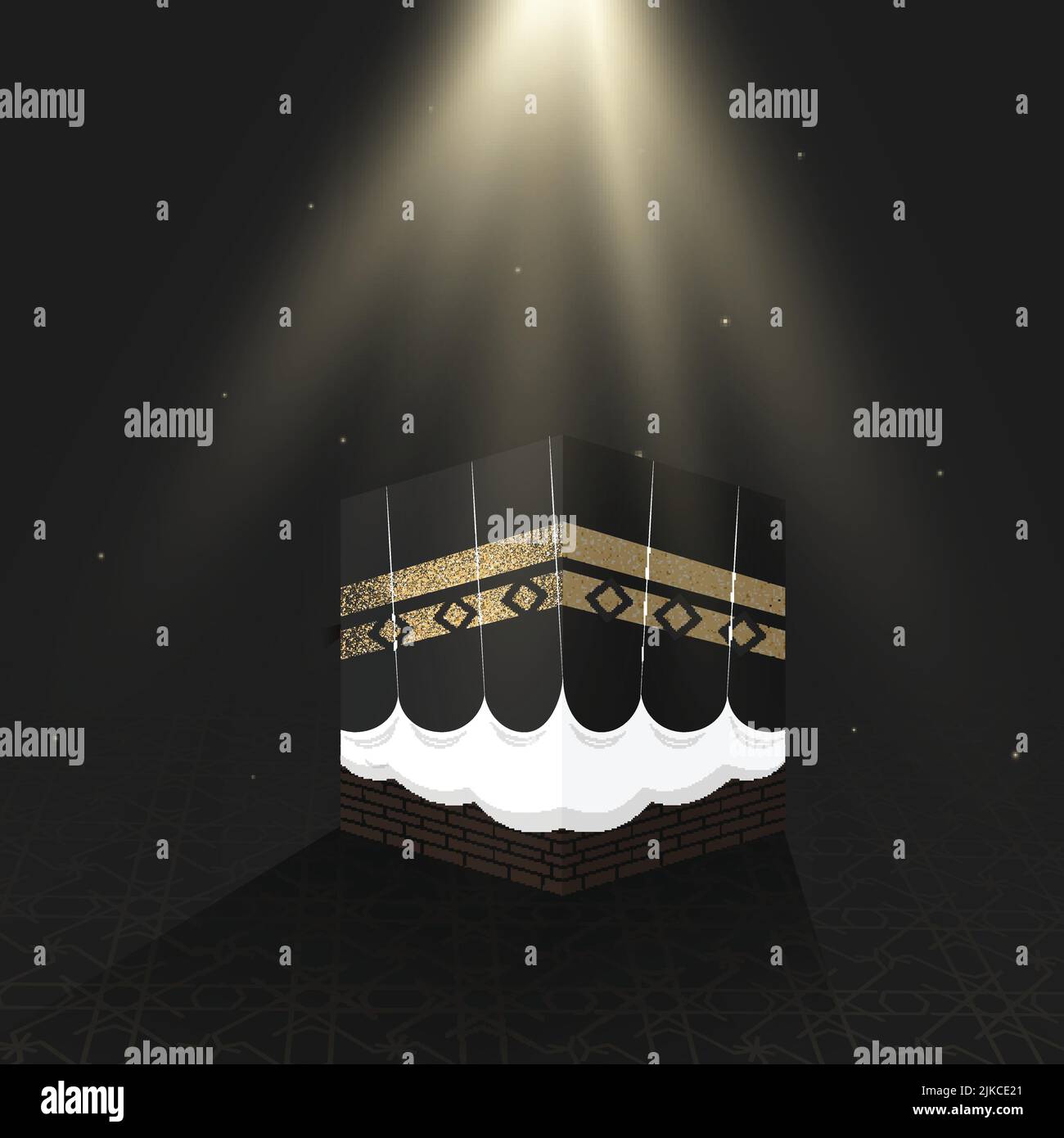Realistic Mecca Madina Or Kaaba And Light Rays On Black Islamic Pattern ...