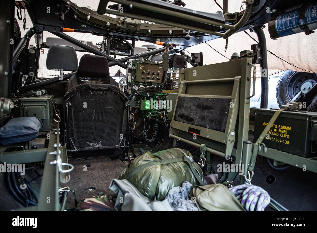 An interior of Land Rover with all kit, used for hiking and camping ...