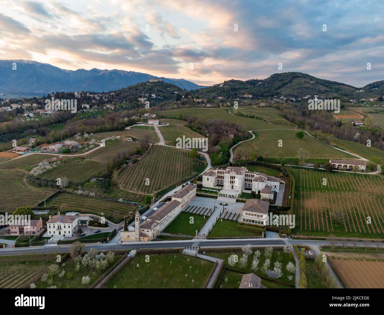 An aerial shot of villa Rinaldi Asolo in Italy with pretty skyline ...