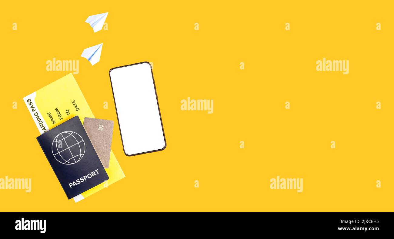 Banner with phone mockup, passport, boarding pass, credit card on ...