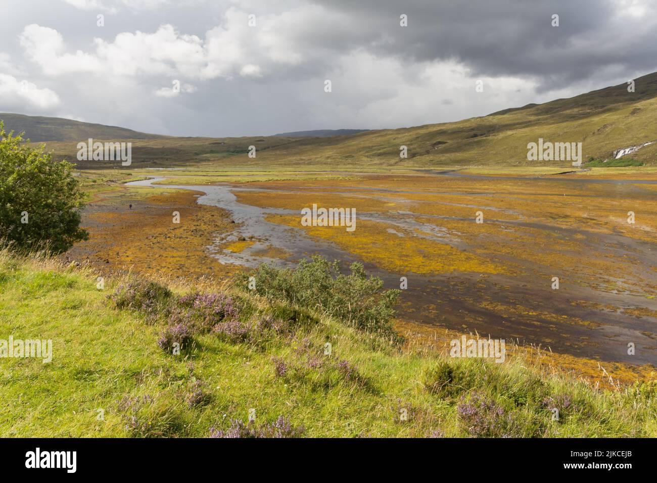 A landscape of shallow lagoon with fields and sea, The Isle of Skye ...