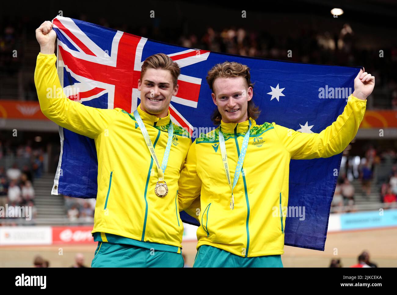 Australia's Matthew Glaetzer (left) on the podium with the gold medal ...
