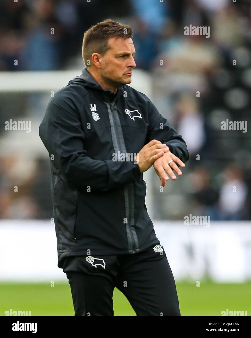 Derby County's assistant coach Justin Walker before the Sky Bet League ...