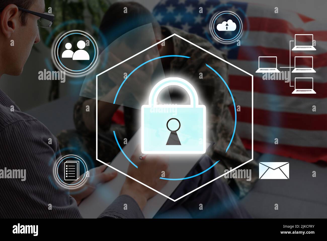 Virtual creative lock symbol and microcircuit illustration on USA flag ...