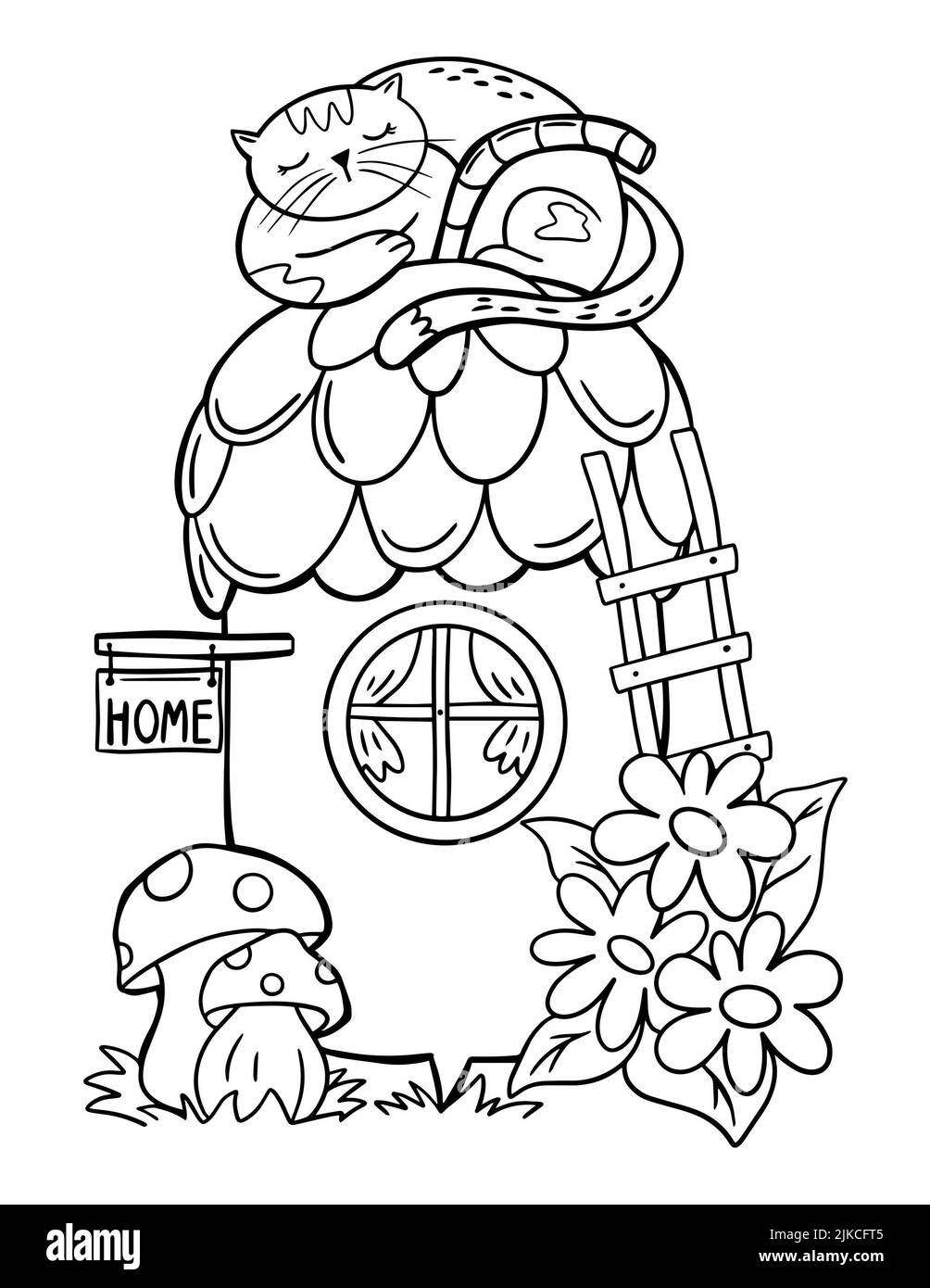 Cartoon house coloring page for kids and adults. Outline home ...