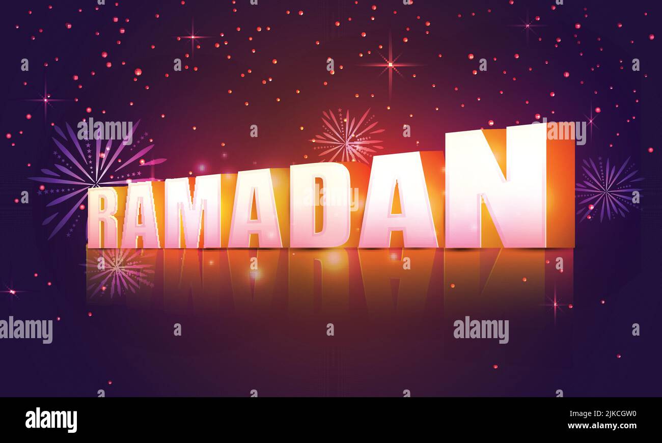 3D Ramadan Text With Shadow Effect, Fireworks On Lights Effect Purple ...