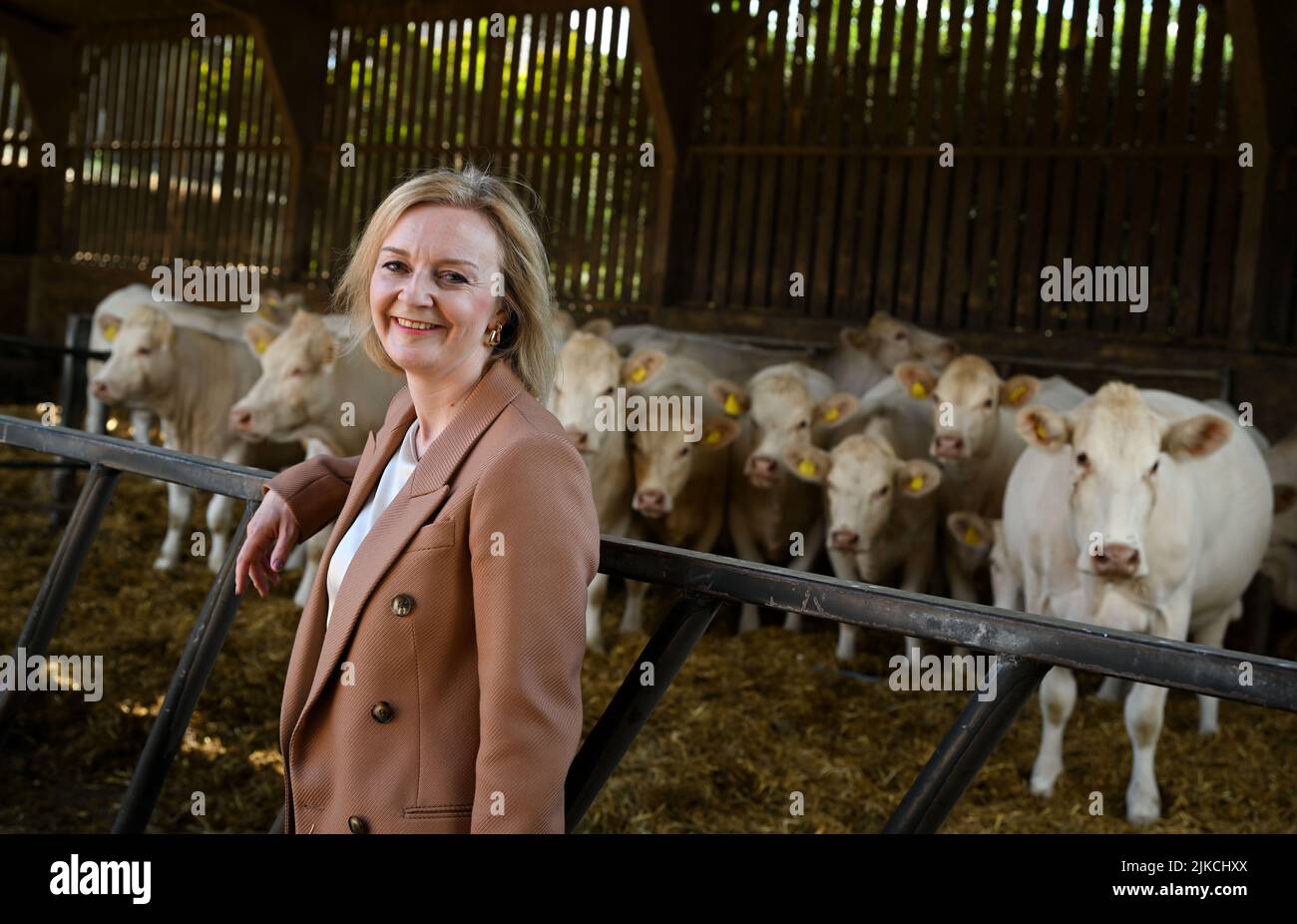 Liz Truss, during her visit to Twelve Oaks Farm in Newton Abbot, Devon ...