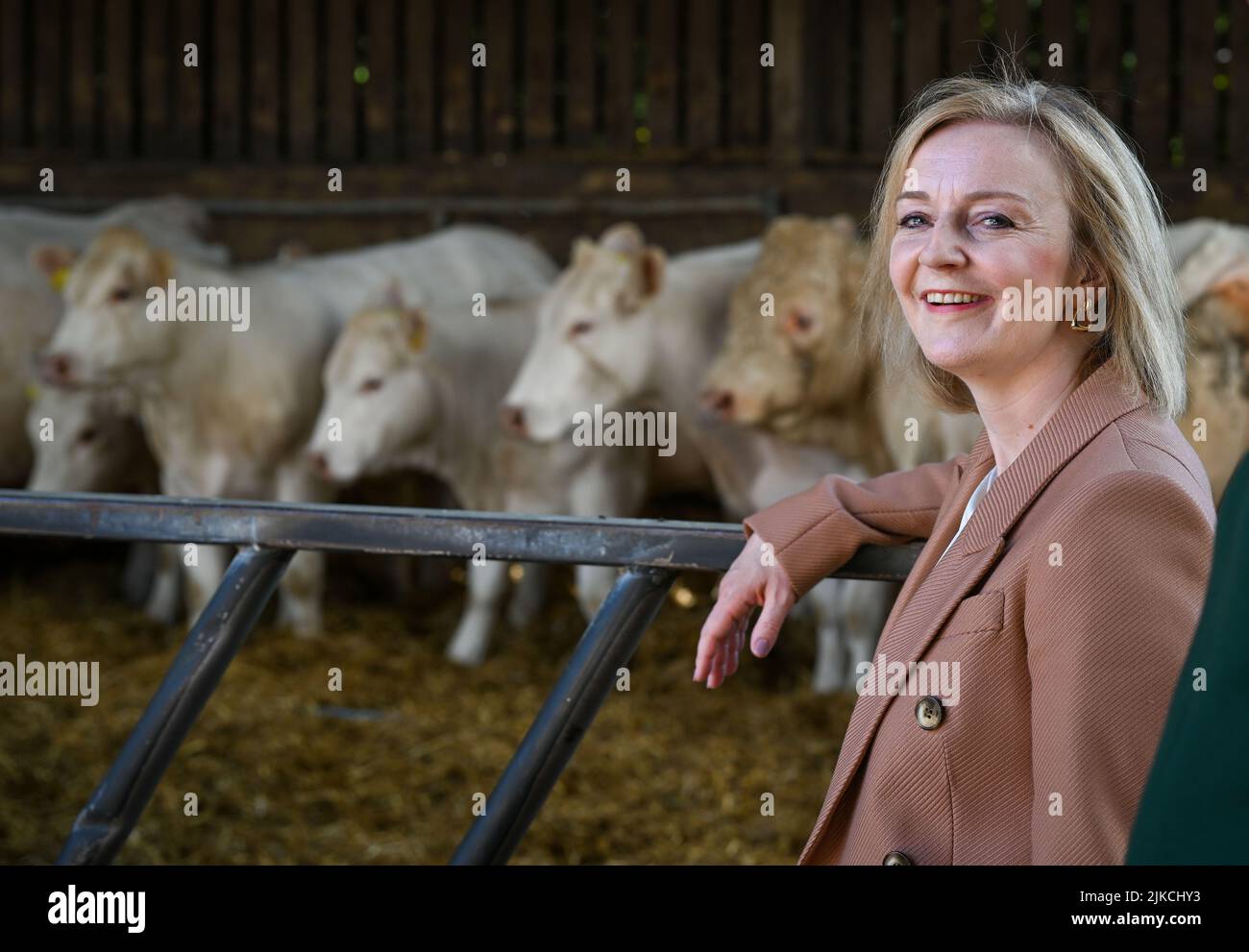 Liz Truss, during her visit to Twelve Oaks Farm in Newton Abbot, Devon ...